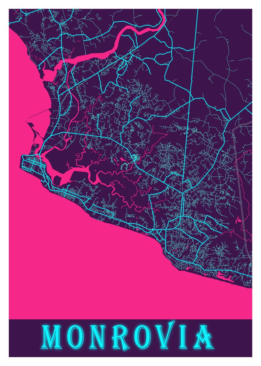 'Monrovia Neon City Map' Poster, picture, metal print, paint by Tien ...