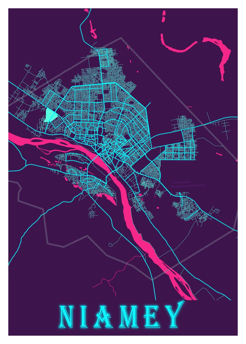 'Niamey Neon City Map' Poster, picture, metal print, paint by Tien ...