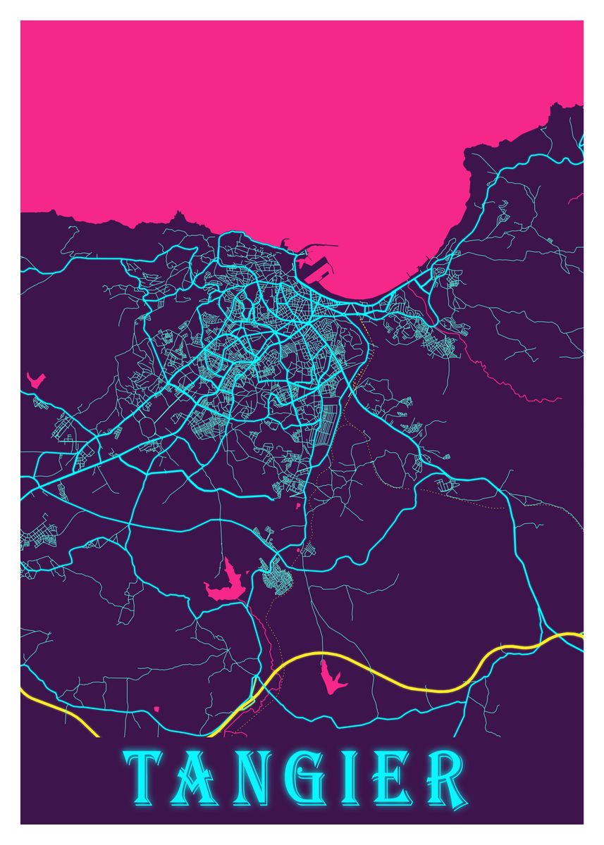 'Tangier Neon City Map' Poster by Tien Stencil | Displate