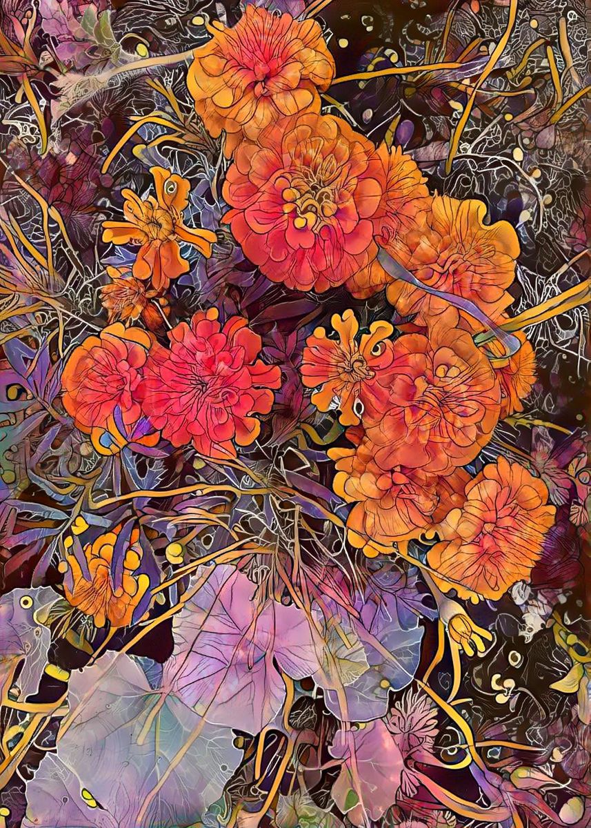 'Marigold Fire and Ice' Poster, picture, metal print, paint by Alma Lee | Displate