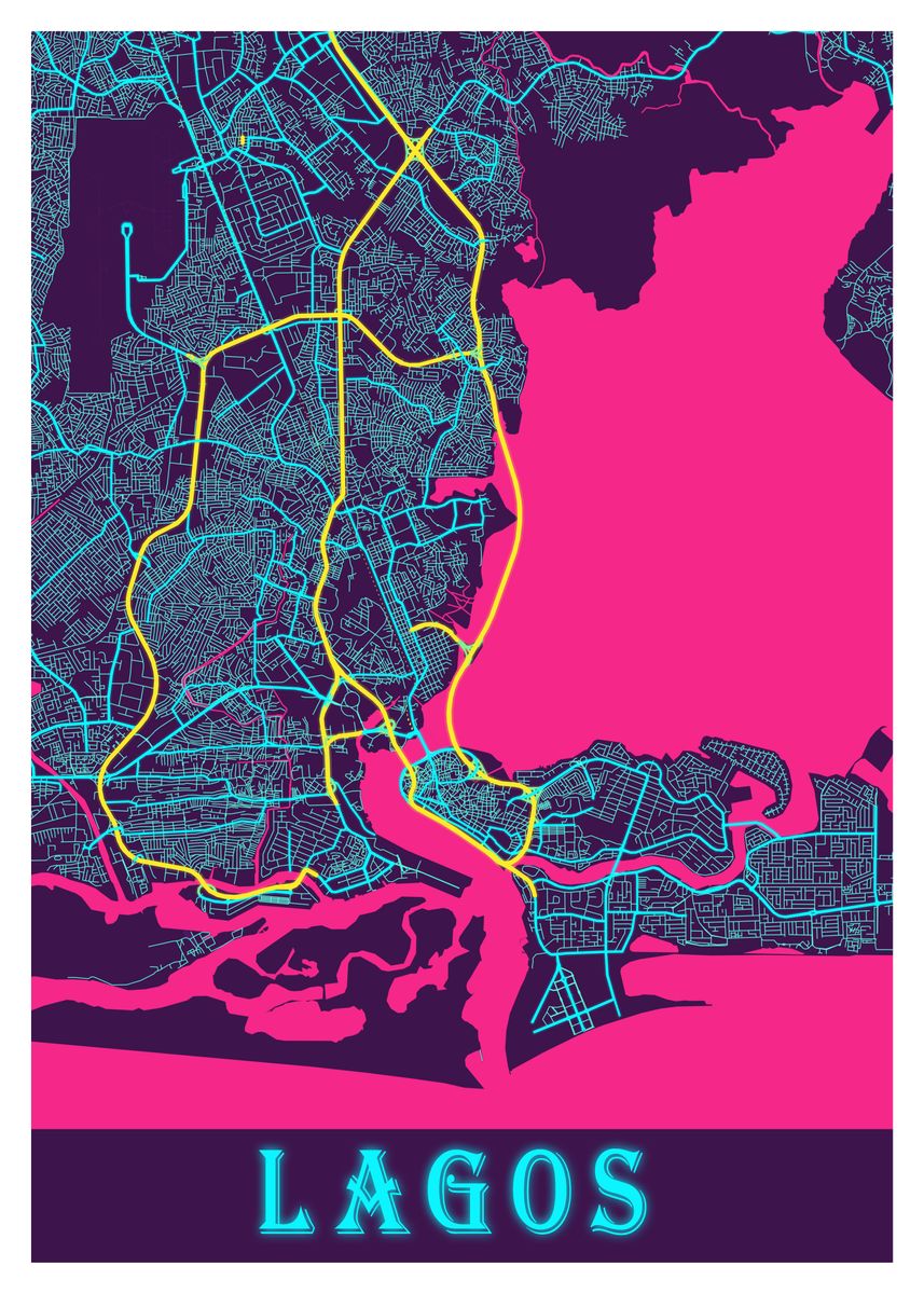 'Lagos Neon City Map' Poster, picture, metal print, paint by Tien ...