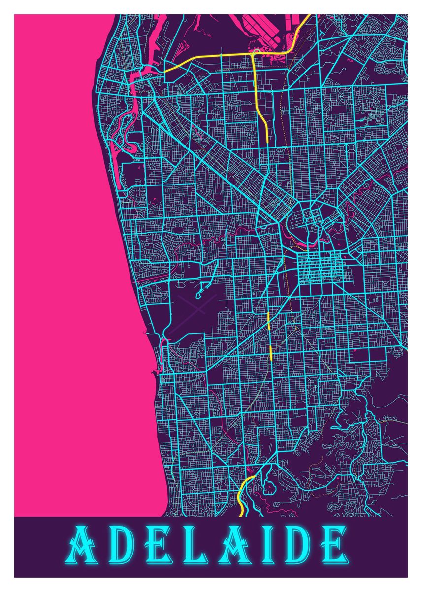 'Adelaide Neon City Map' Poster, picture, metal print, paint by Tien ...