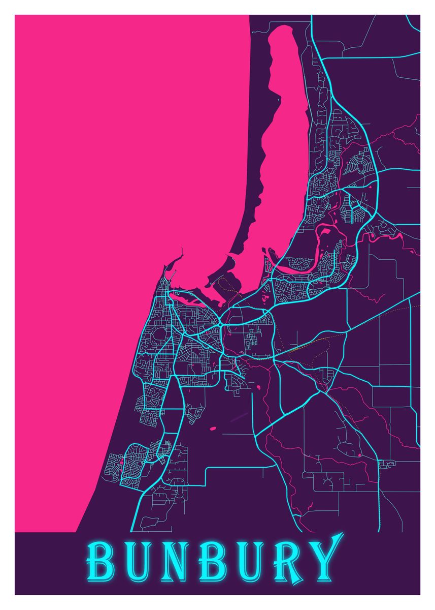 'Bunbury Neon City Map' Poster, picture, metal print, paint by Tien ...