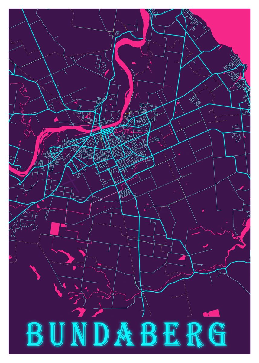 'Bundaberg Neon City Map' Poster by Tien Stencil | Displate