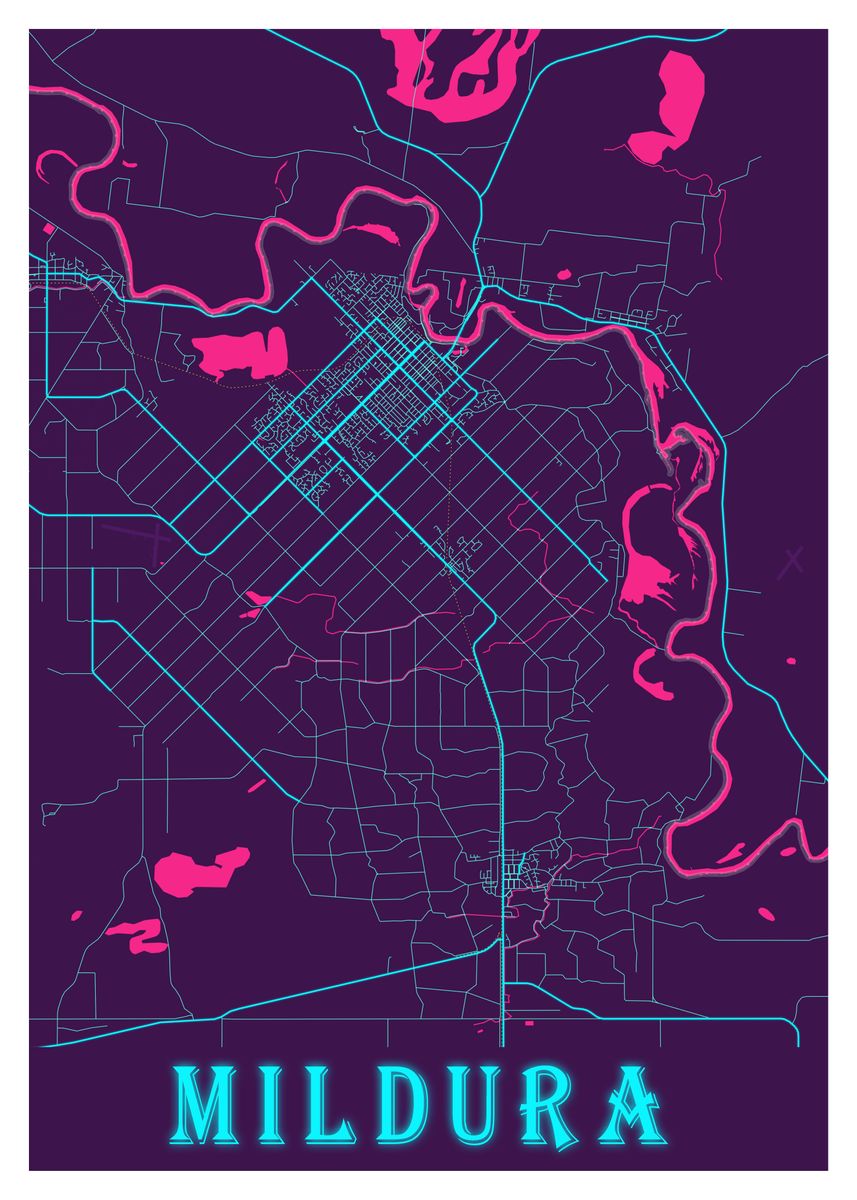 'Mildura Neon City Map' Poster, picture, metal print, paint by Tien ...