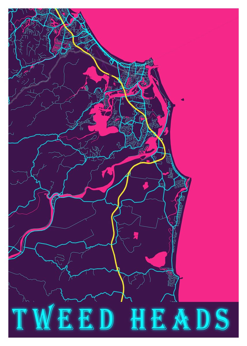 'Tweed Heads Neon City Map' Poster, picture, metal print, paint by Tien ...