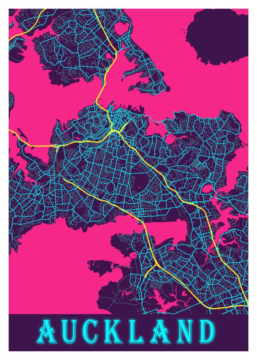 'Auckland Neon City Map' Poster by Tien Stencil | Displate