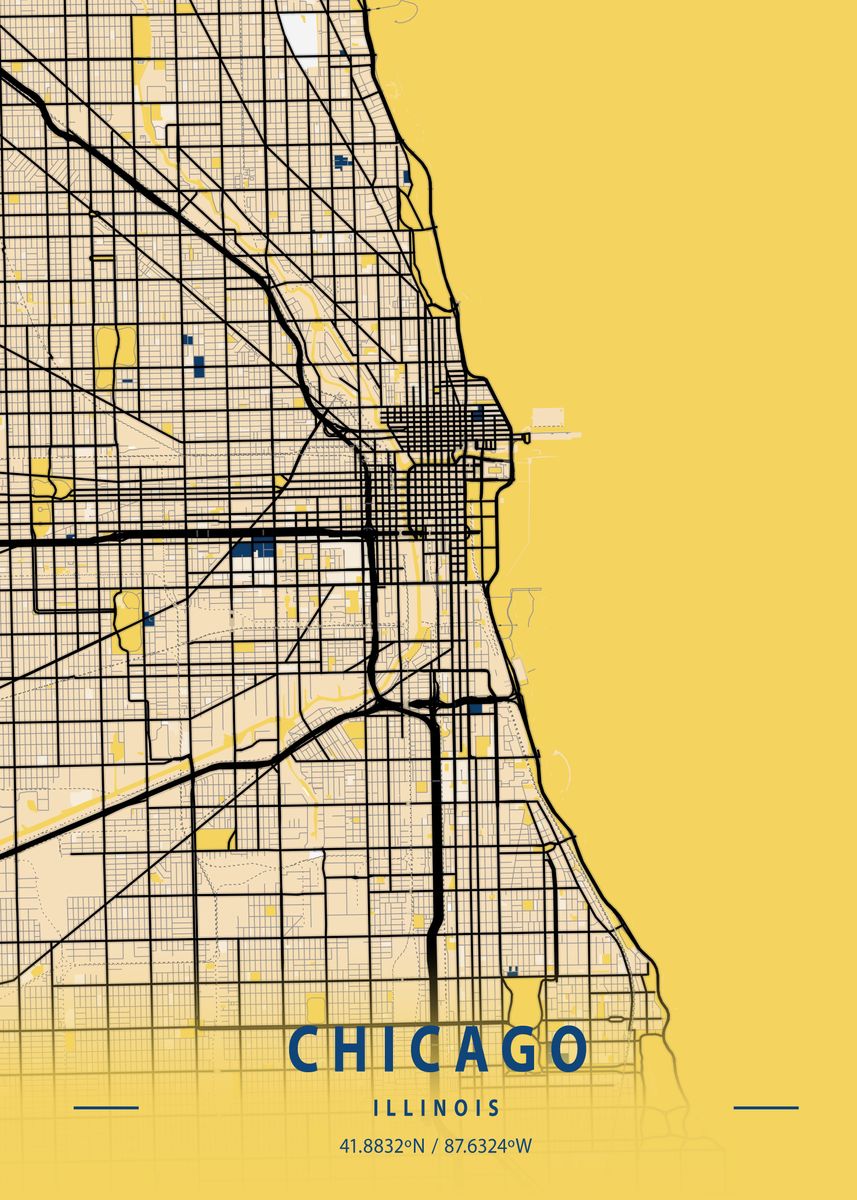 'Chicago Yellow City Map' Poster, picture, metal print, paint by Tien ...