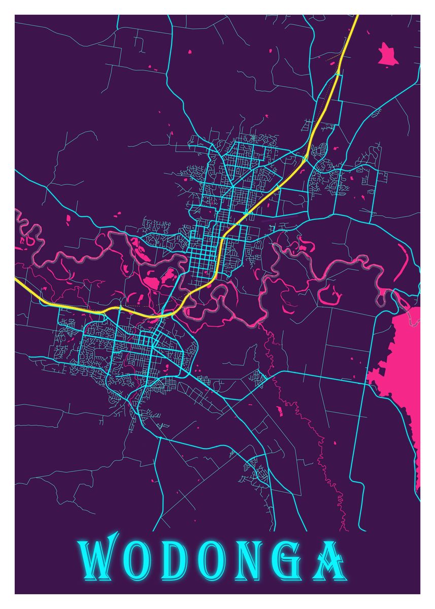 'Wodonga Neon City Map' Poster, picture, metal print, paint by Tien ...
