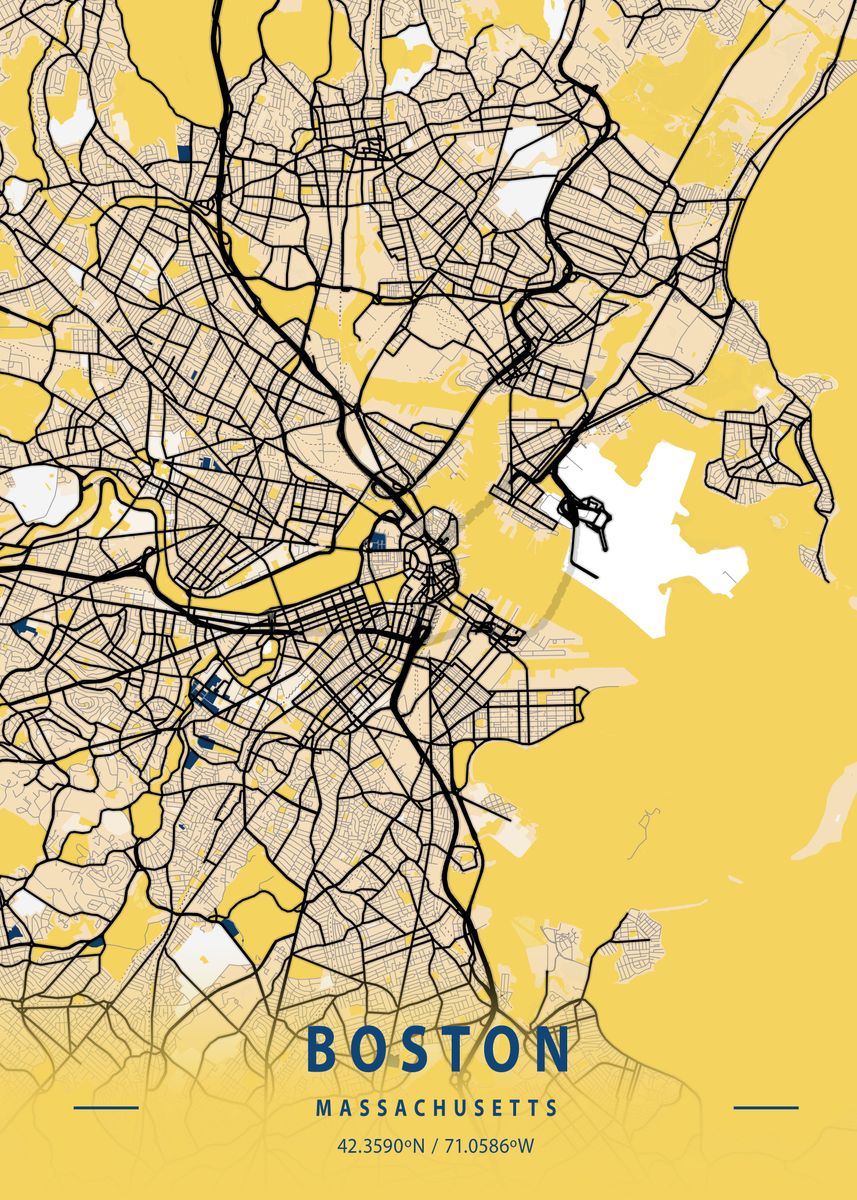 'Boston Yellow City Map' Poster, picture, metal print, paint by Tien ...