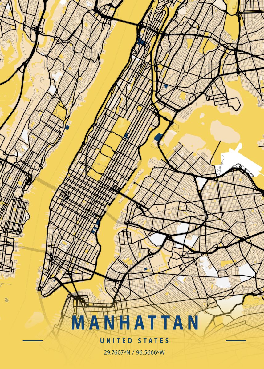 'Manhattan Yellow City Map' Poster, picture, metal print, paint by Tien ...