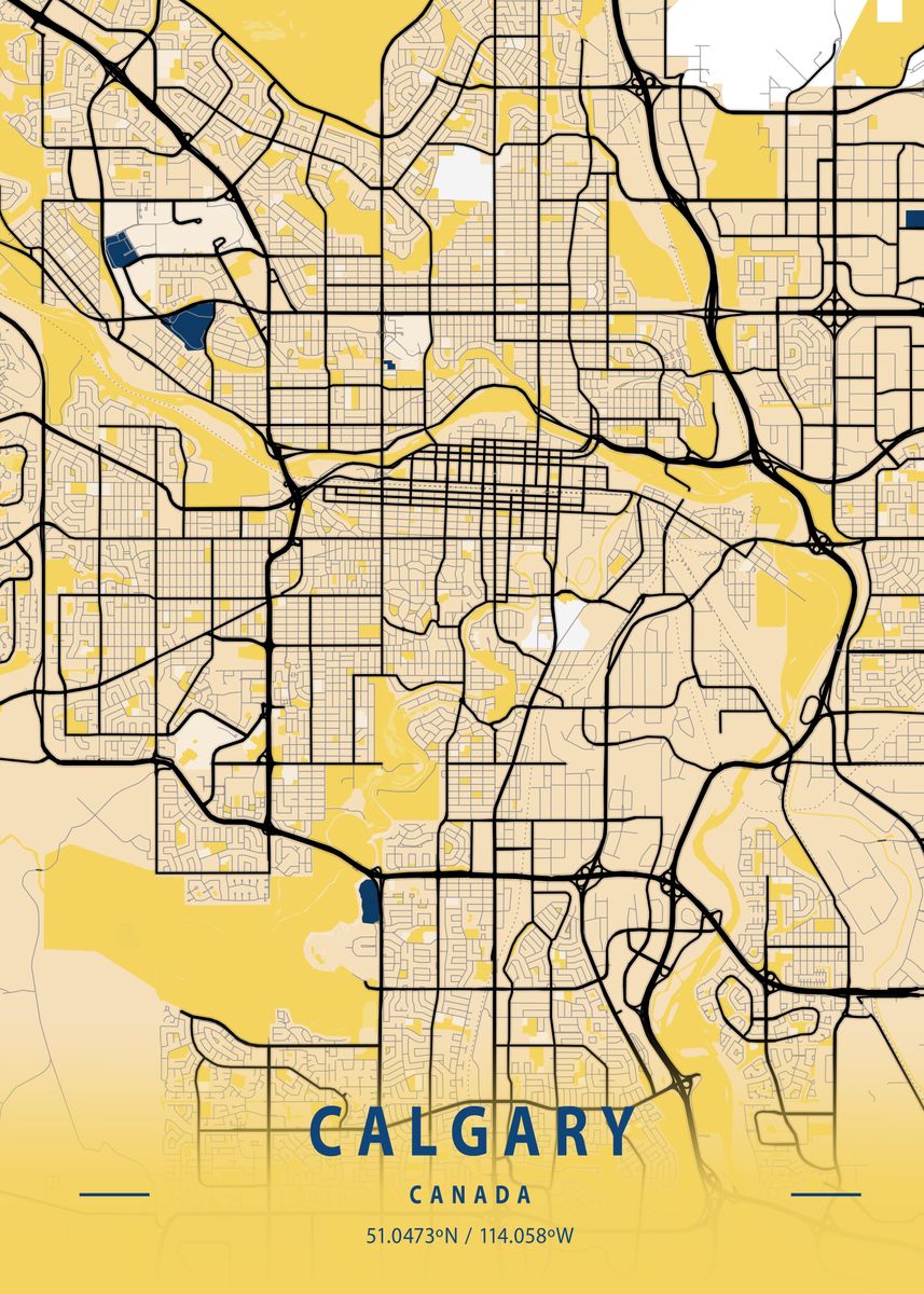 'Calgary Yellow City Map' Poster, picture, metal print, paint by Tien ...