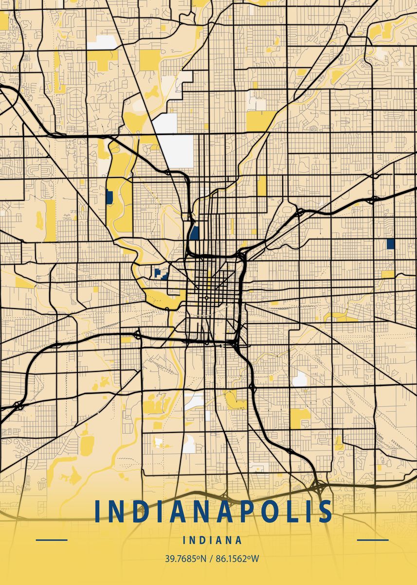 'Indianapolis Yellow Map' Poster, picture, metal print, paint by Tien ...