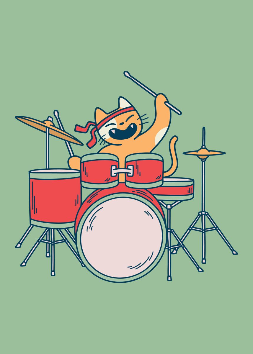 'Drummer Cat music design' Poster, picture, metal print, paint by ...
