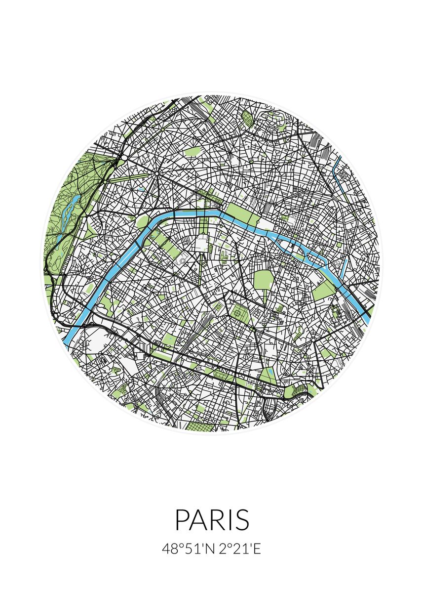 'Paris Circle City Map' Poster, picture, metal print, paint by dkDesign ...