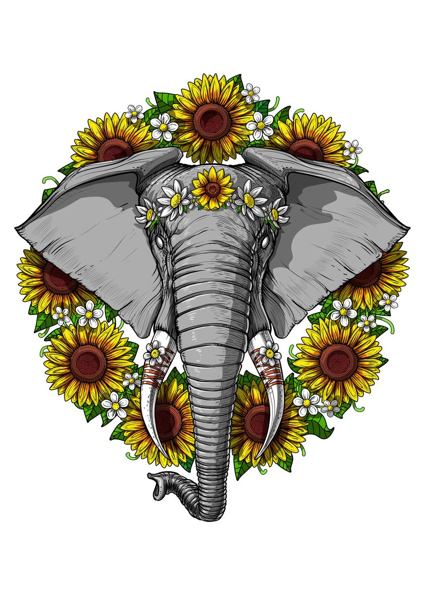 'Elephant Sunflowers' Poster, picture, metal print, paint by ...