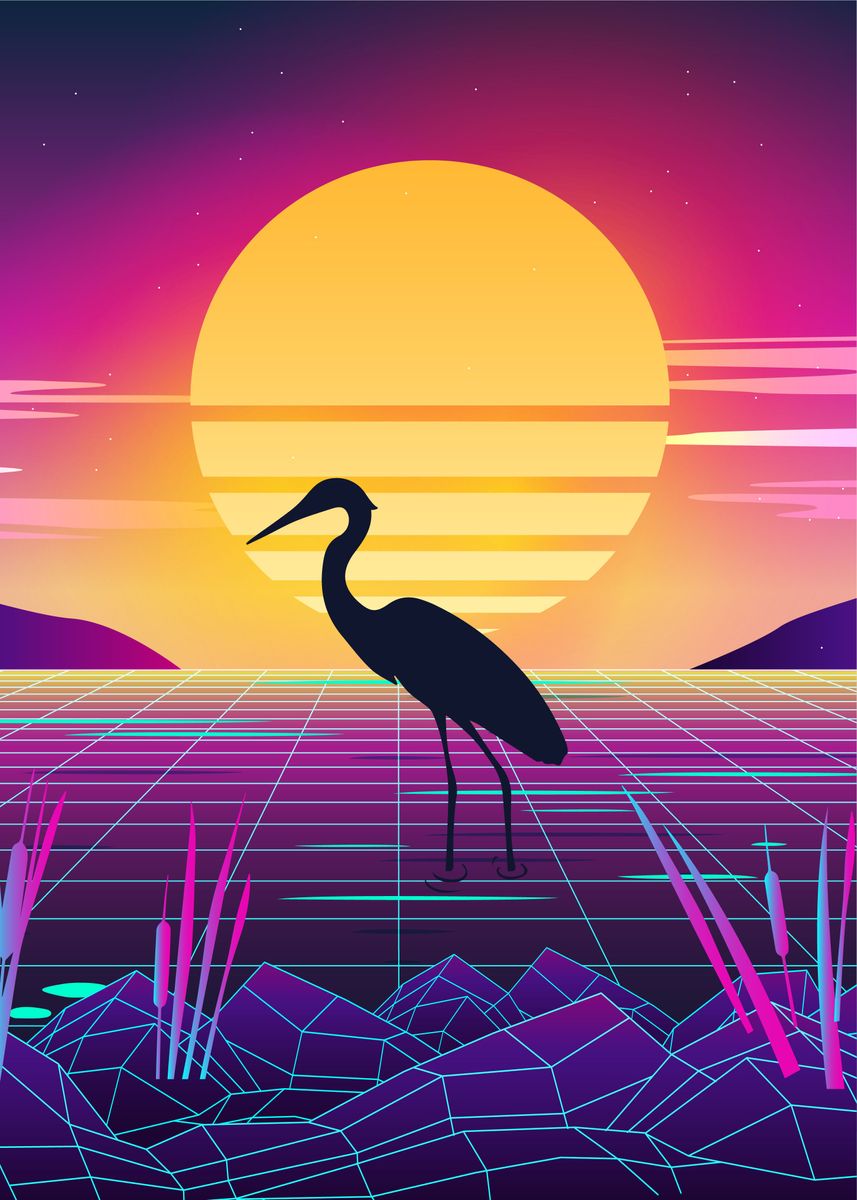 'Flamingo Synthwave' Poster, picture, metal print, paint by EDM Project | Displate