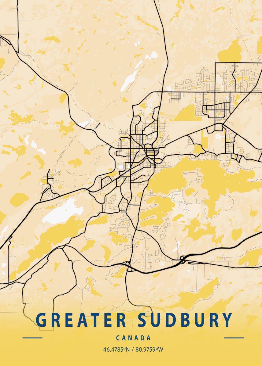'Greater Sudbury Yellow Map' Poster, picture, metal print, paint by ...