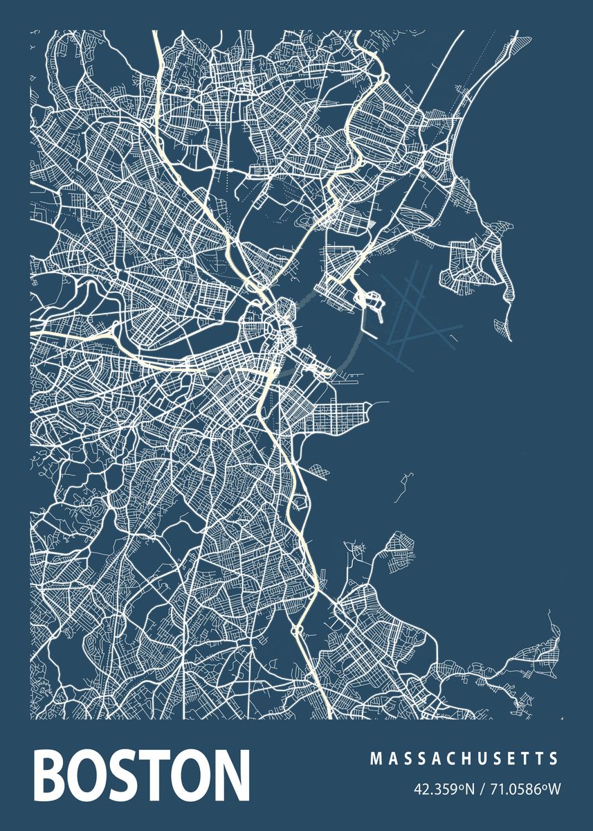 'Blueprint map Boston' Poster, picture, metal print, paint by ...