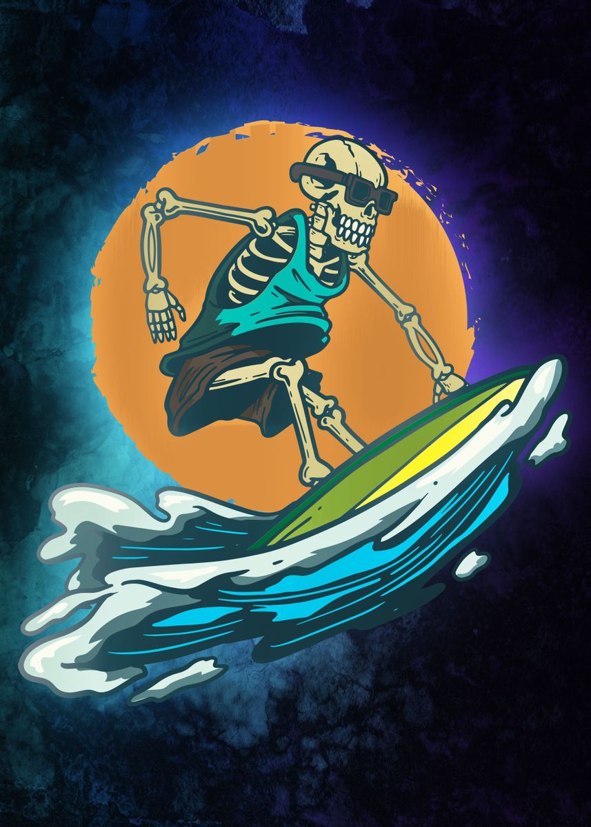 'Skeleton on a Surfboard' Poster, picture, metal print, paint by ...