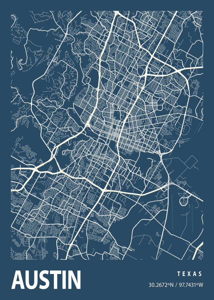 'Blueprint map Austin' Poster, picture, metal print, paint by ...