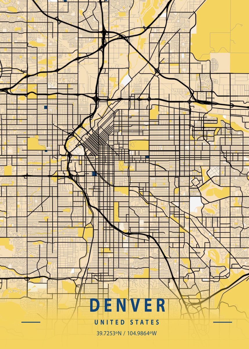 'Denver Yellow City Map' Poster, picture, metal print, paint by Tien ...