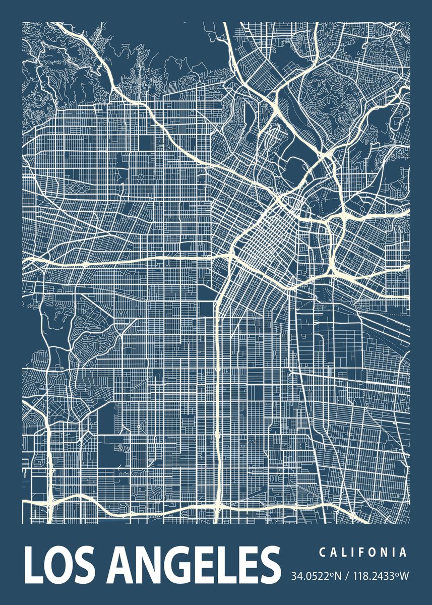 'Blueprint map Los Angeles' Poster, picture, metal print, paint by ...