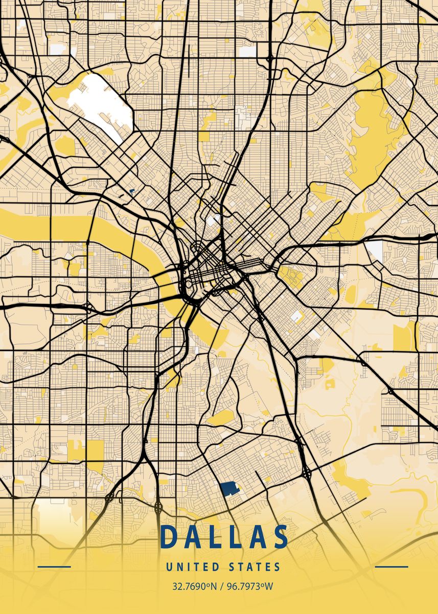 'Dallas Yellow City Map' Poster by Tien Stencil | Displate