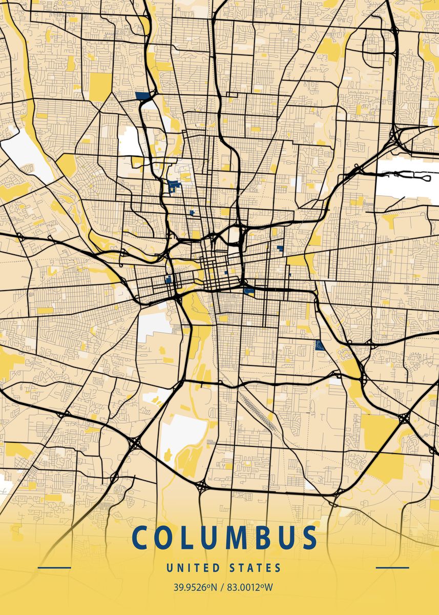 'Columbus Yellow City Map' Poster, picture, metal print, paint by Tien ...