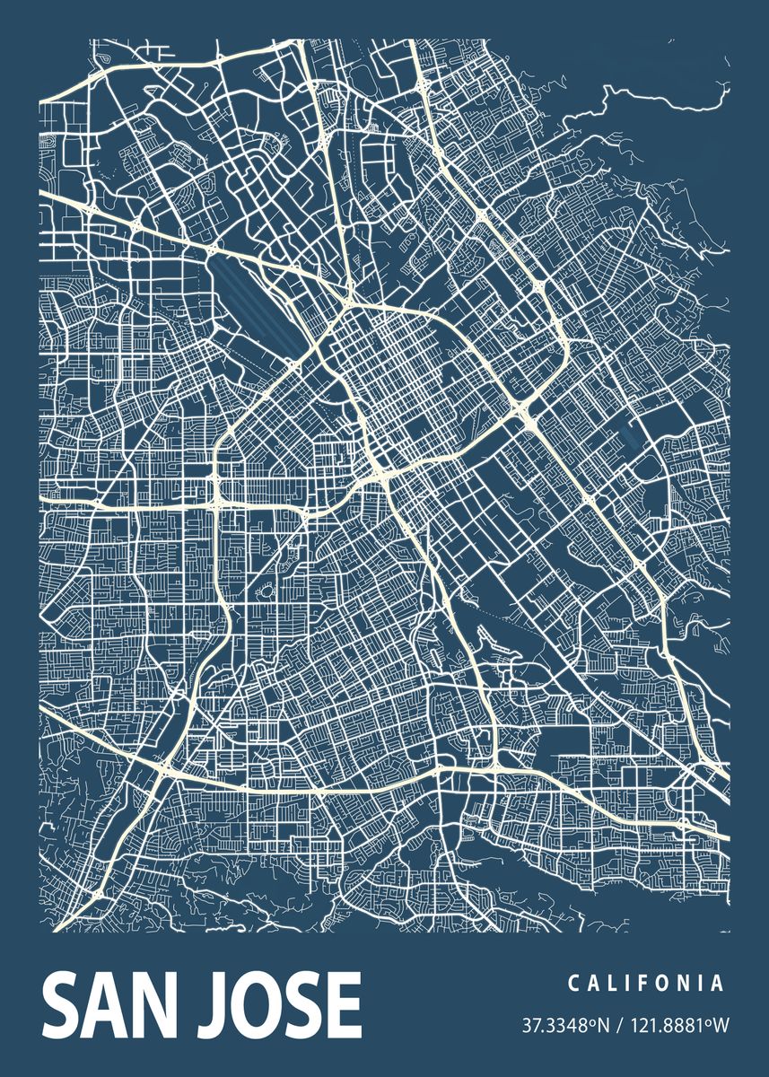 'Blueprint map San Jose' Poster, picture, metal print, paint by ...