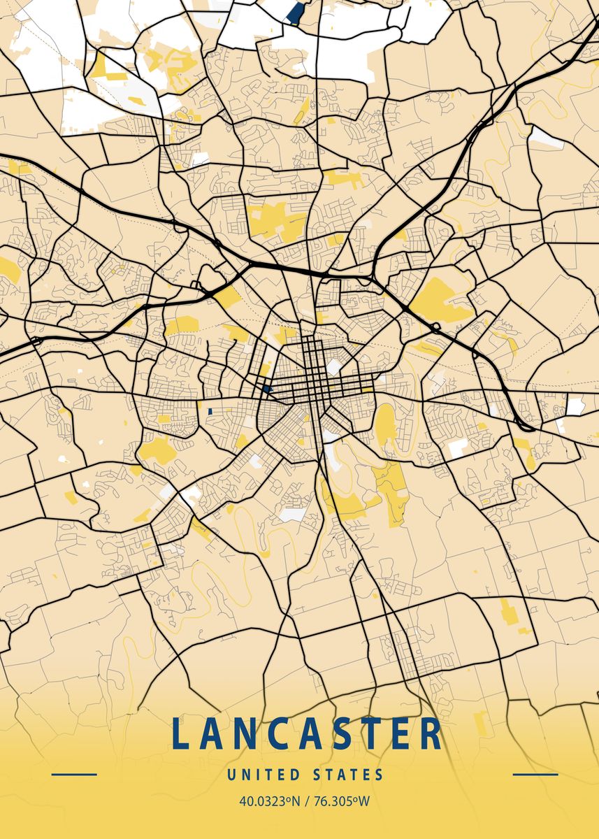 'Lancaster Yellow City Map' Poster, picture, metal print, paint by Tien ...