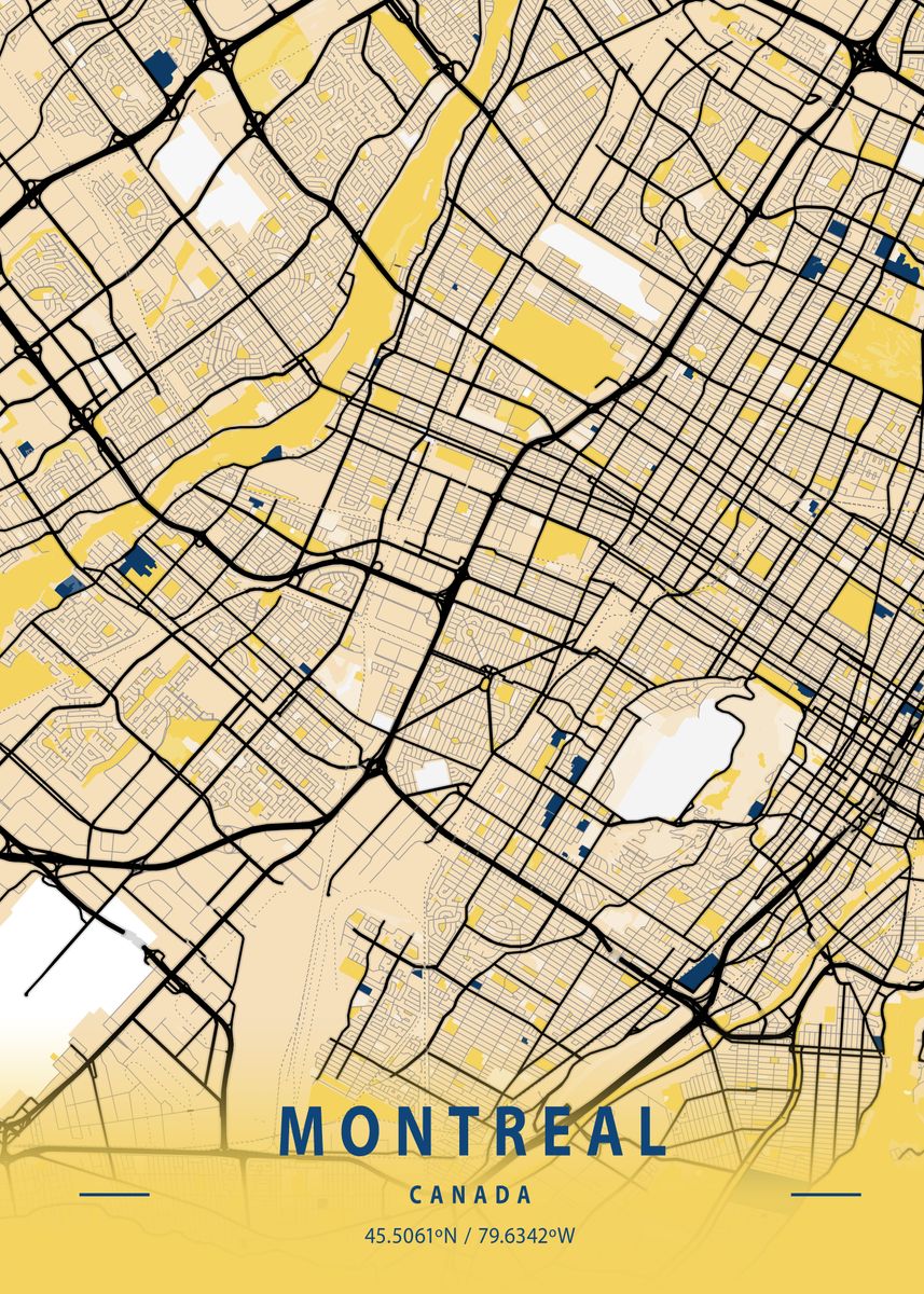 'Montreal Yellow City Map' Poster, picture, metal print, paint by Tien ...