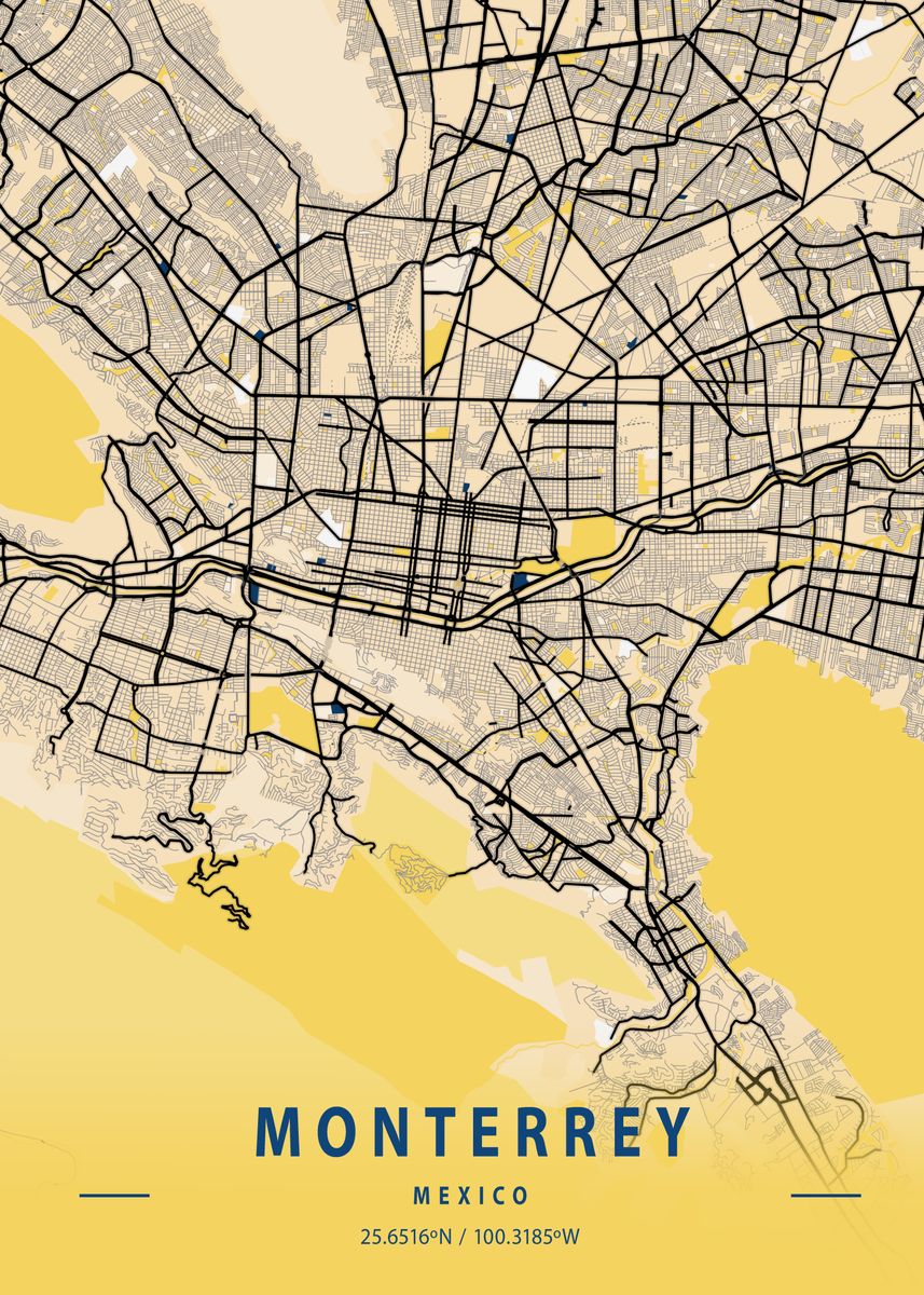 'Monterrey Yellow City Map' Poster, picture, metal print, paint by Tien ...