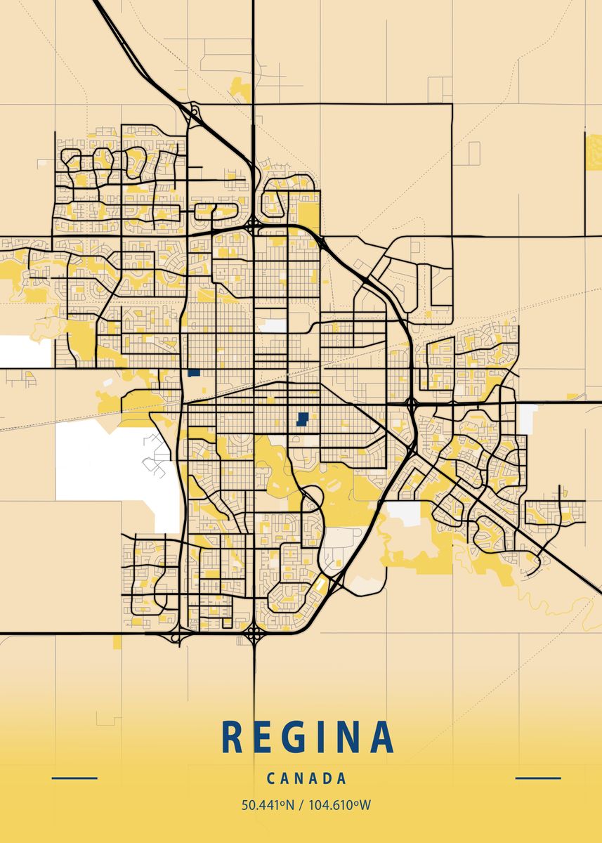 'Regina Yellow City Map' Poster, picture, metal print, paint by Tien ...