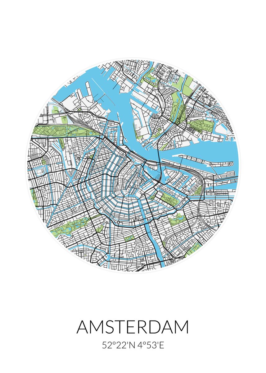 'Amsterdam Circle City Map' Poster, picture, metal print, paint by ...