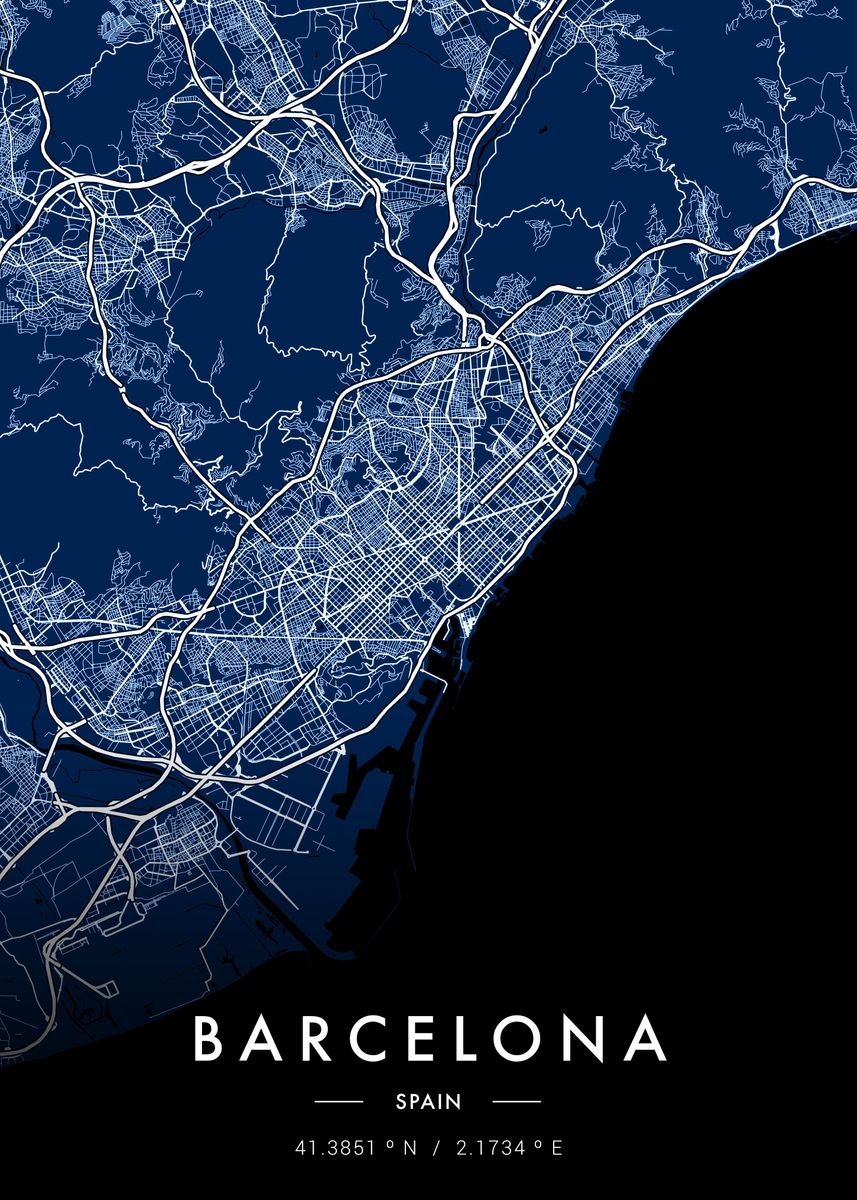 'Barcelona City Map' Poster, picture, metal print, paint by MVDZ ...