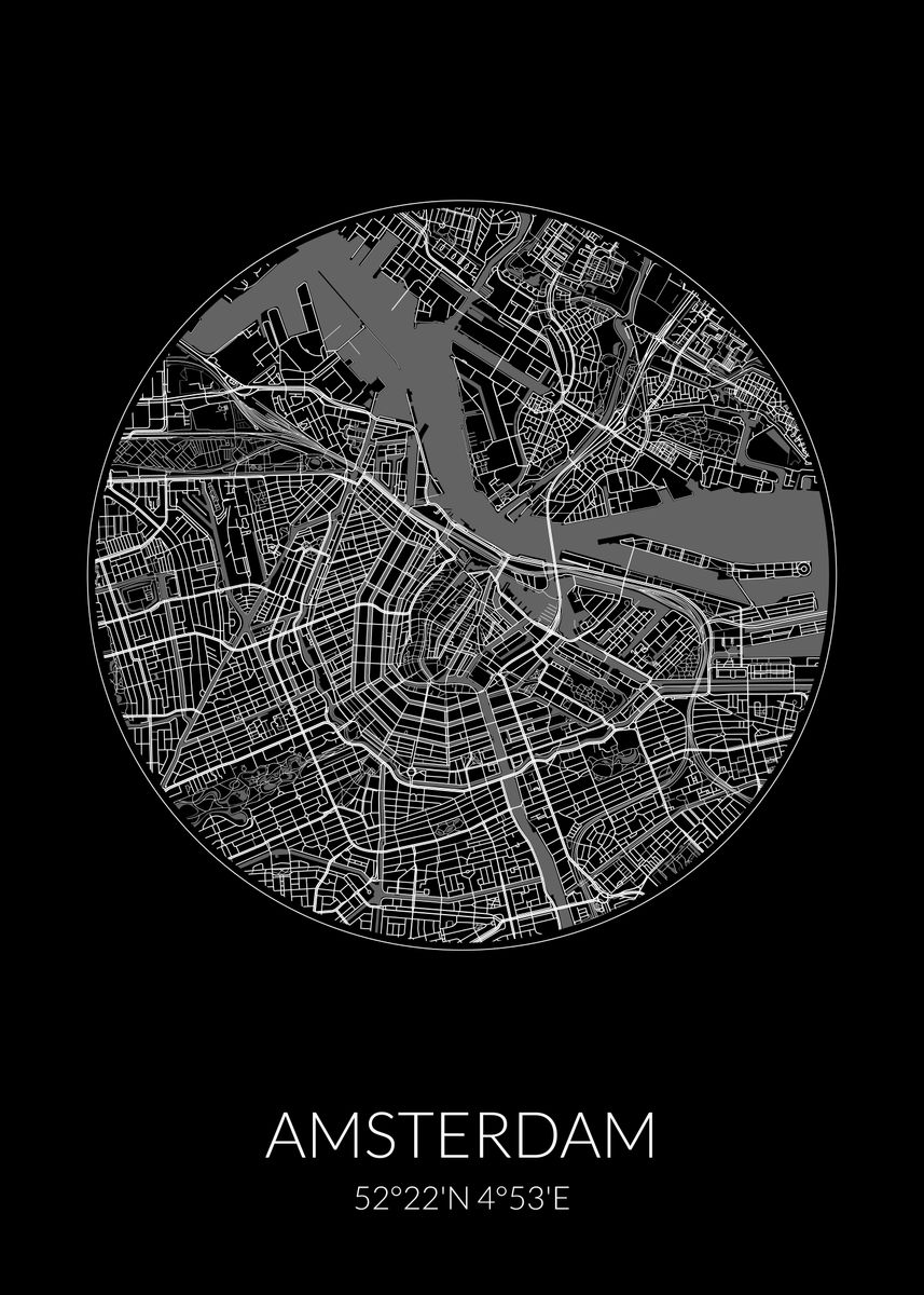 'Amsterdam City Map Black' Poster, picture, metal print, paint by ...