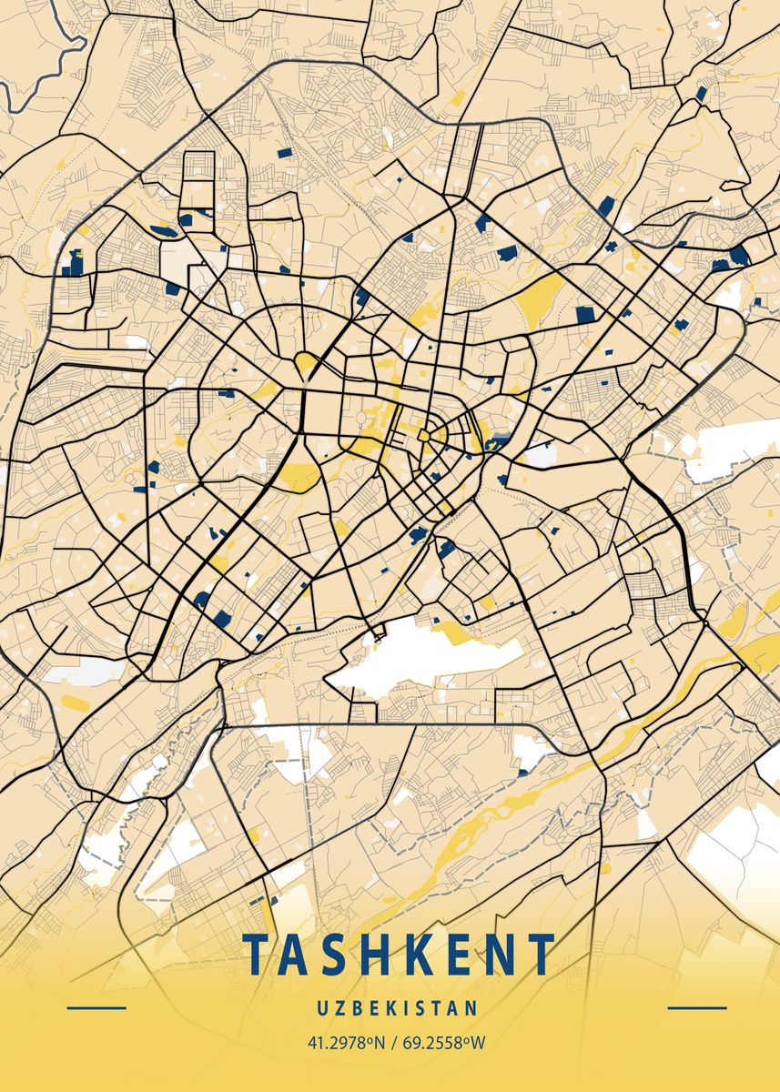 'Tashkent Yellow City Map' Poster, picture, metal print, paint by Tien ...