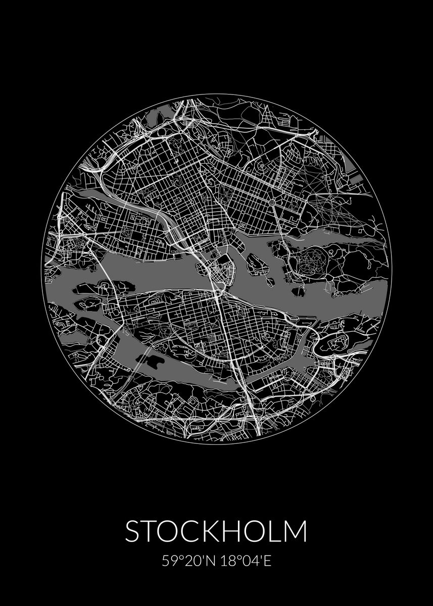 'Stockholm City Map Black' Poster, picture, metal print, paint by ...