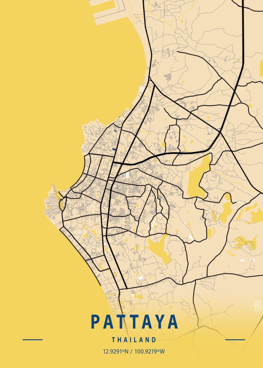 'Pattaya Yellow City Map' Poster, picture, metal print, paint by Tien ...