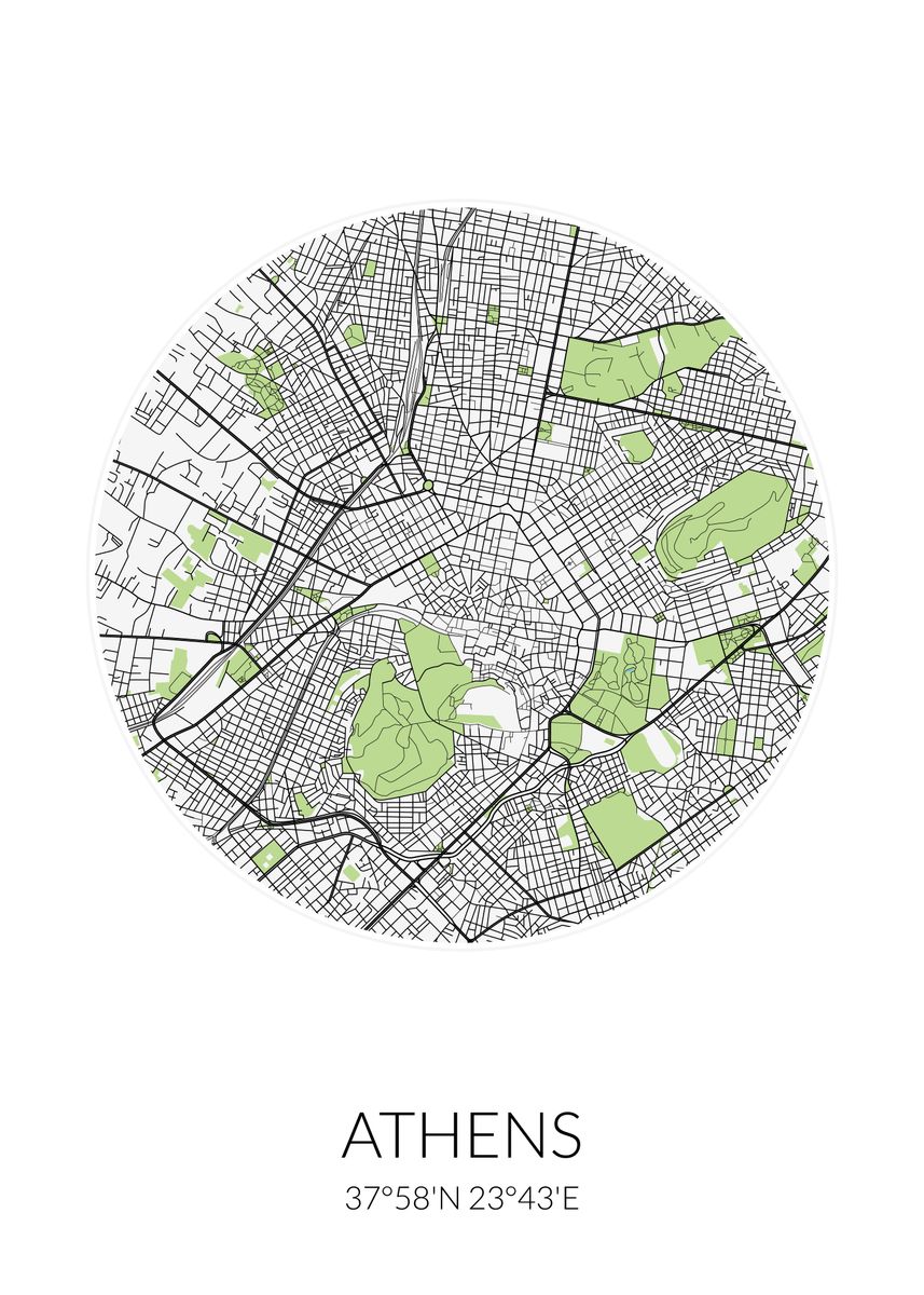 'Athens Circle City Map' Poster, picture, metal print, paint by ...