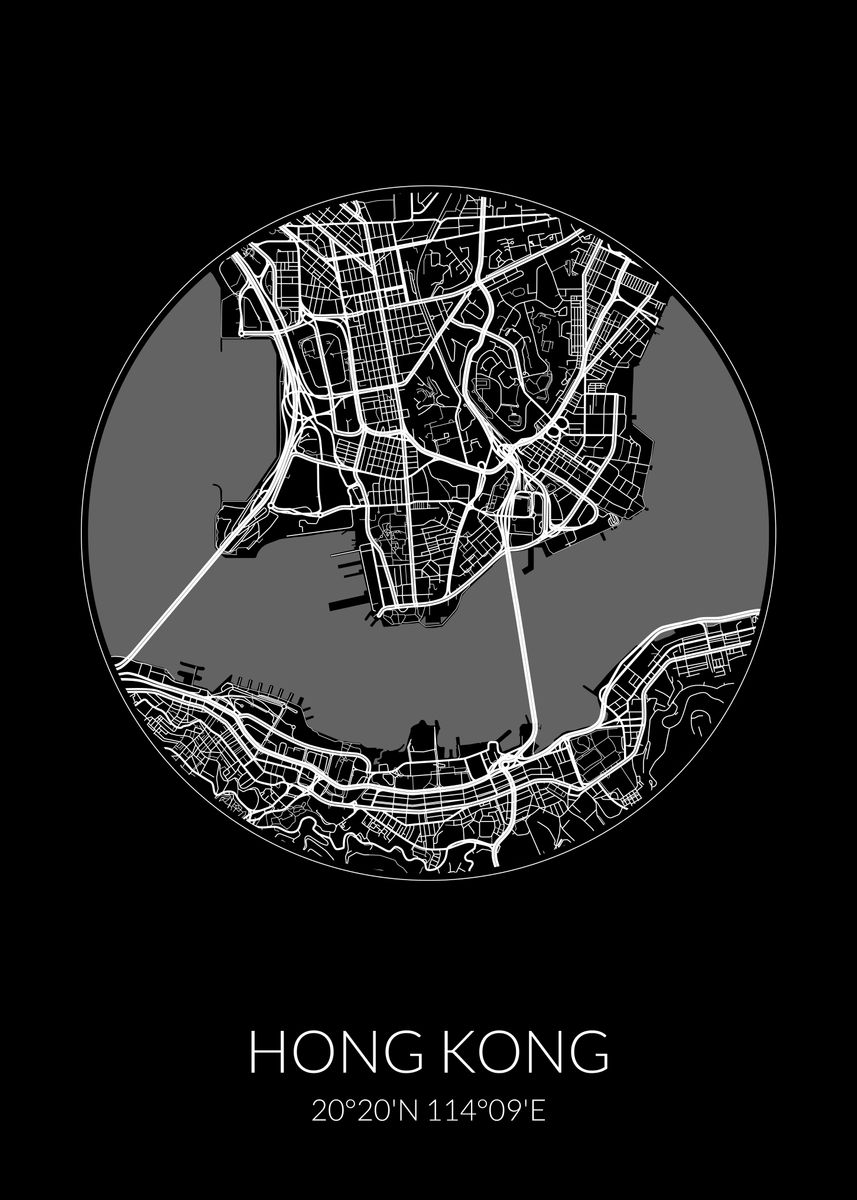 'Hong Kong City Map Black' Poster, picture, metal print, paint by ...