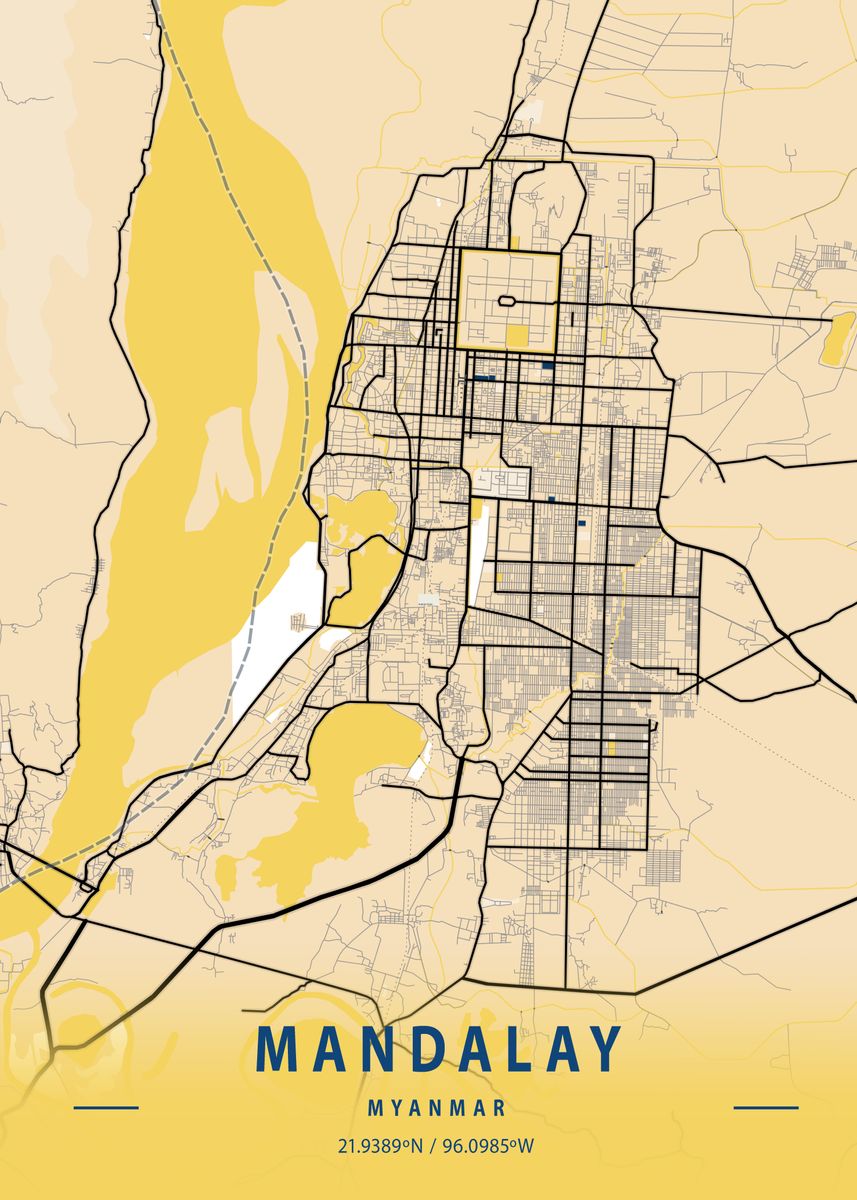 'Mandalay Yellow City Map' Poster, picture, metal print, paint by Tien ...