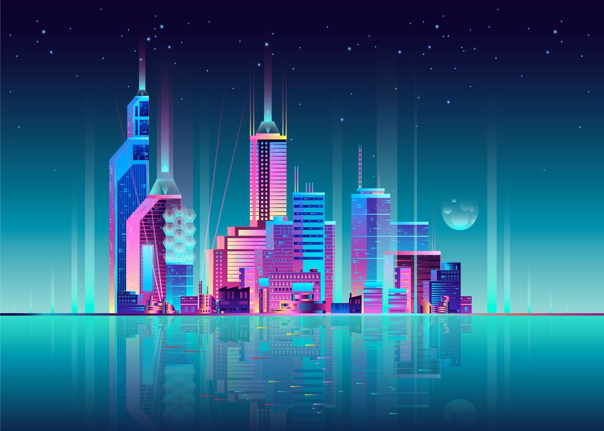 'modern city skyline neon' Poster by Designersen | Displate