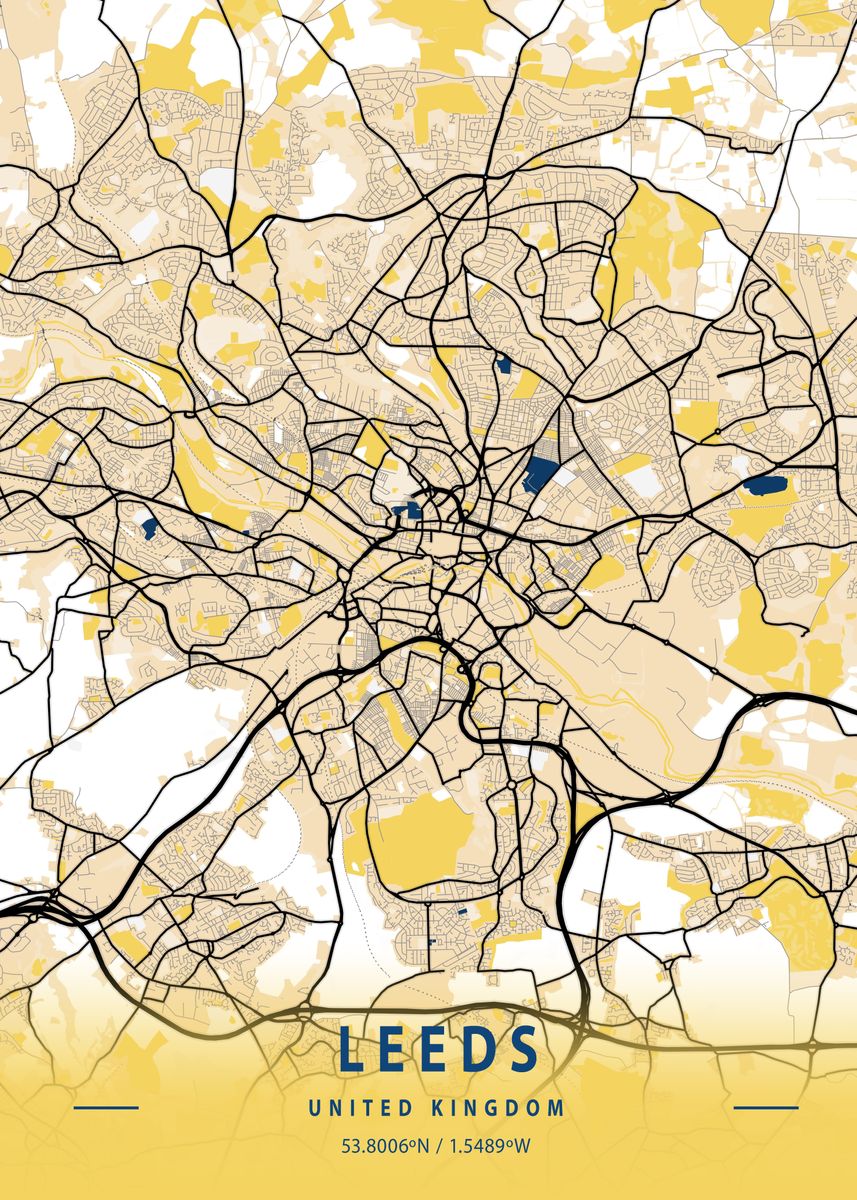 'Leeds Yellow City Map' Poster, picture, metal print, paint by Tien ...
