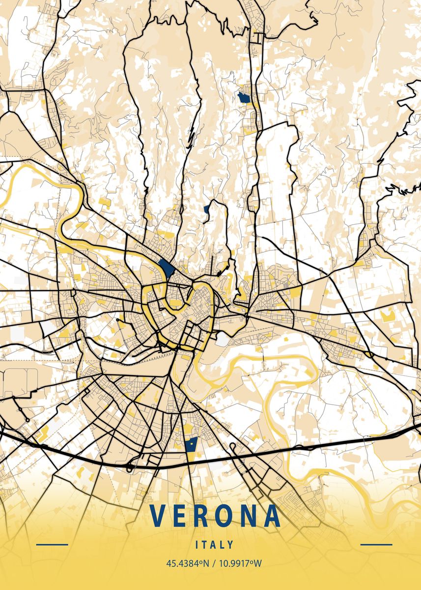'Verona Yellow City Map' Poster, picture, metal print, paint by Tien ...