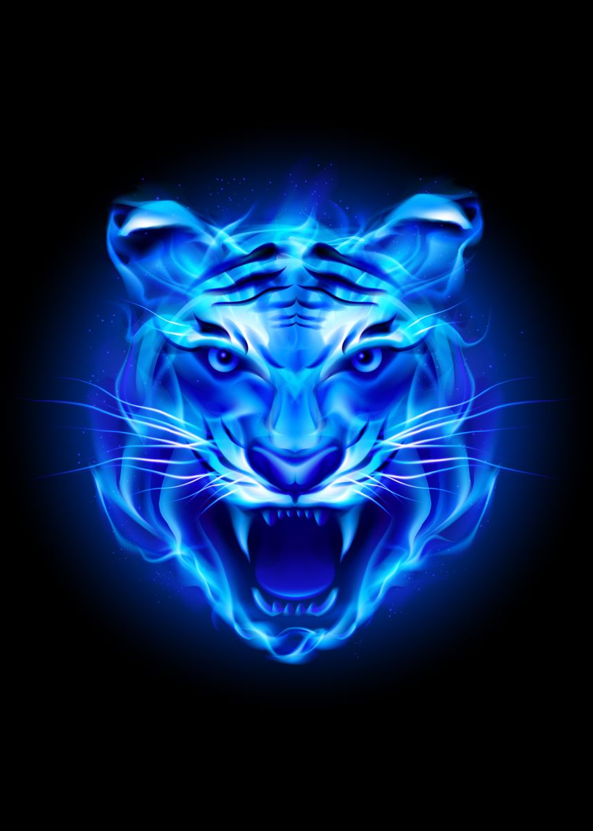 'Blue Fire Tiger' Poster, picture, metal print, paint by Kunyah | Displate