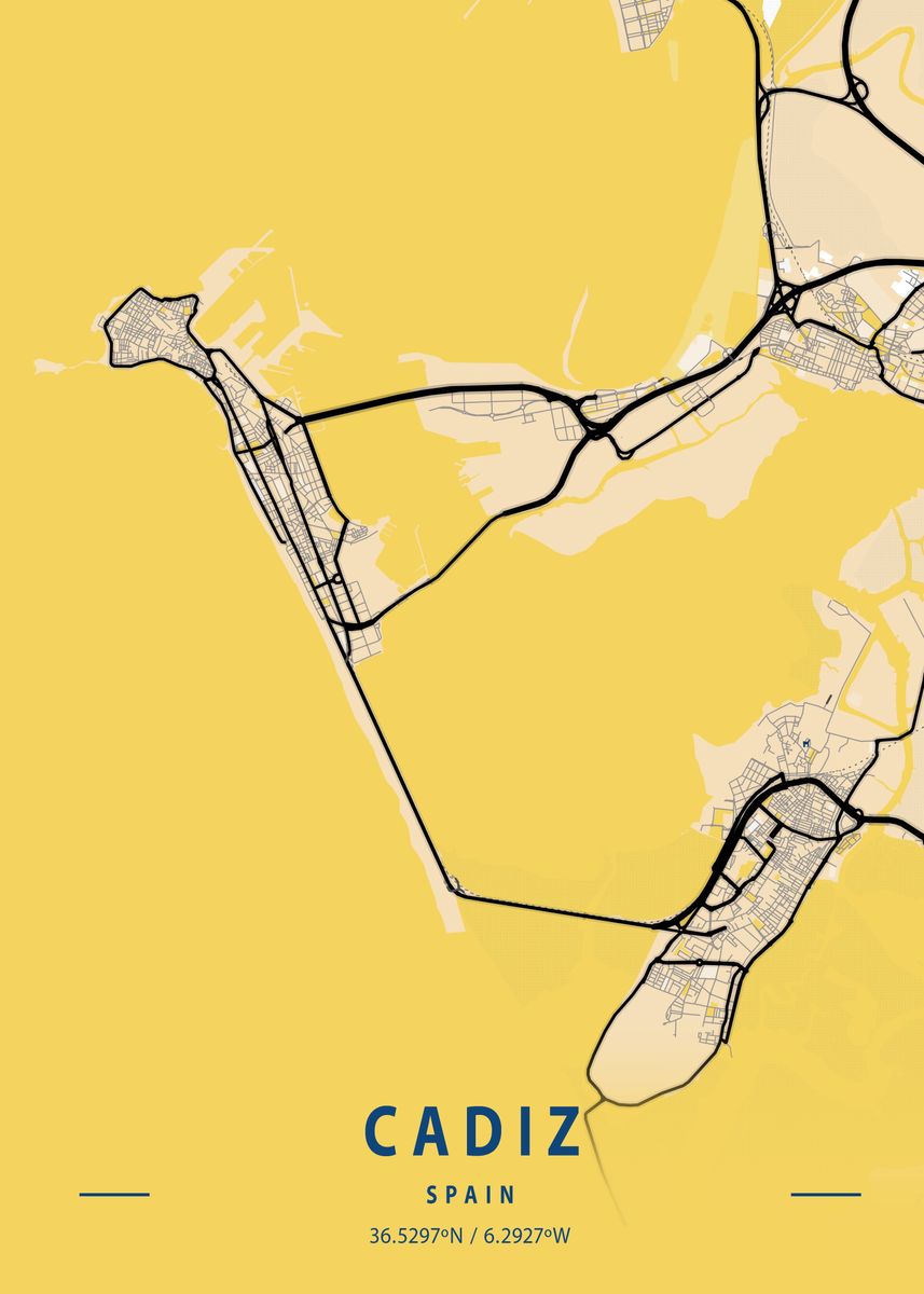 'Cadiz Yellow City Map' Poster, picture, metal print, paint by Tien ...