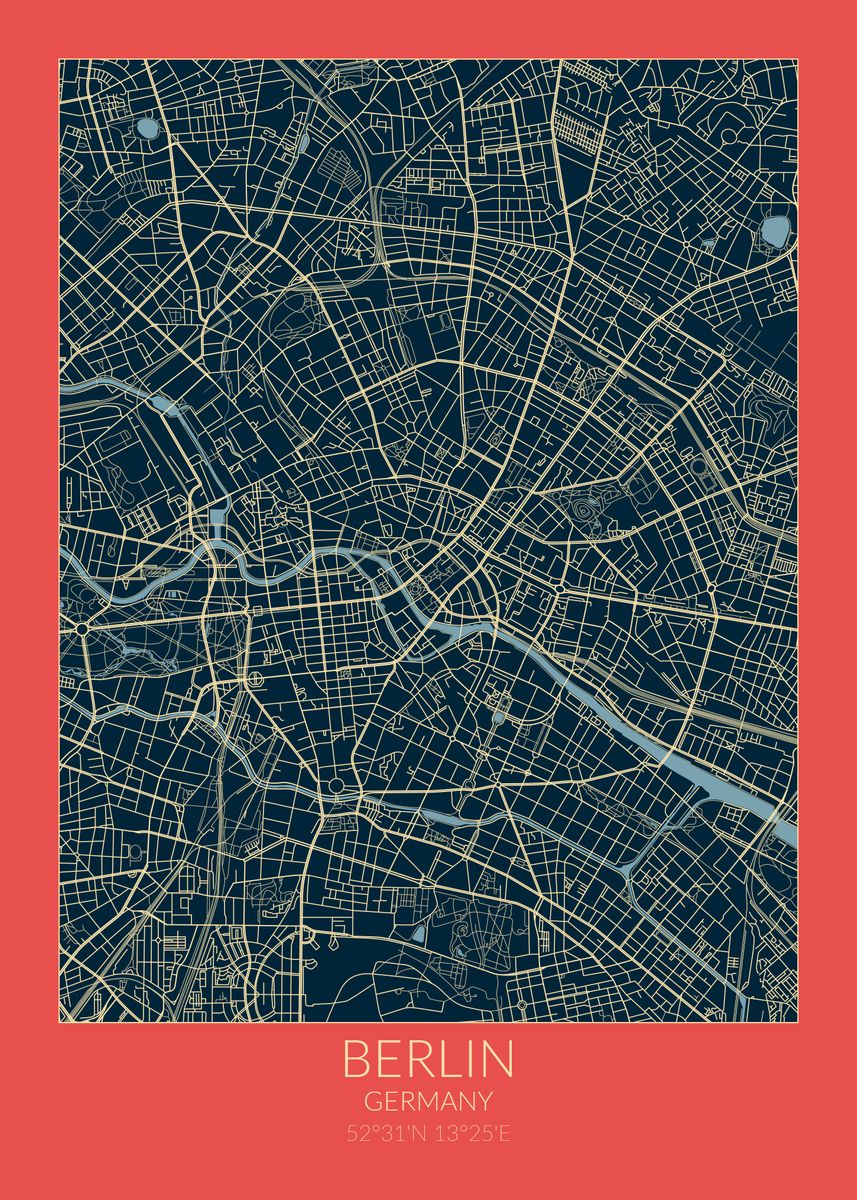 'Berlin Map Red Blue' Poster, picture, metal print, paint by dkDesign ...