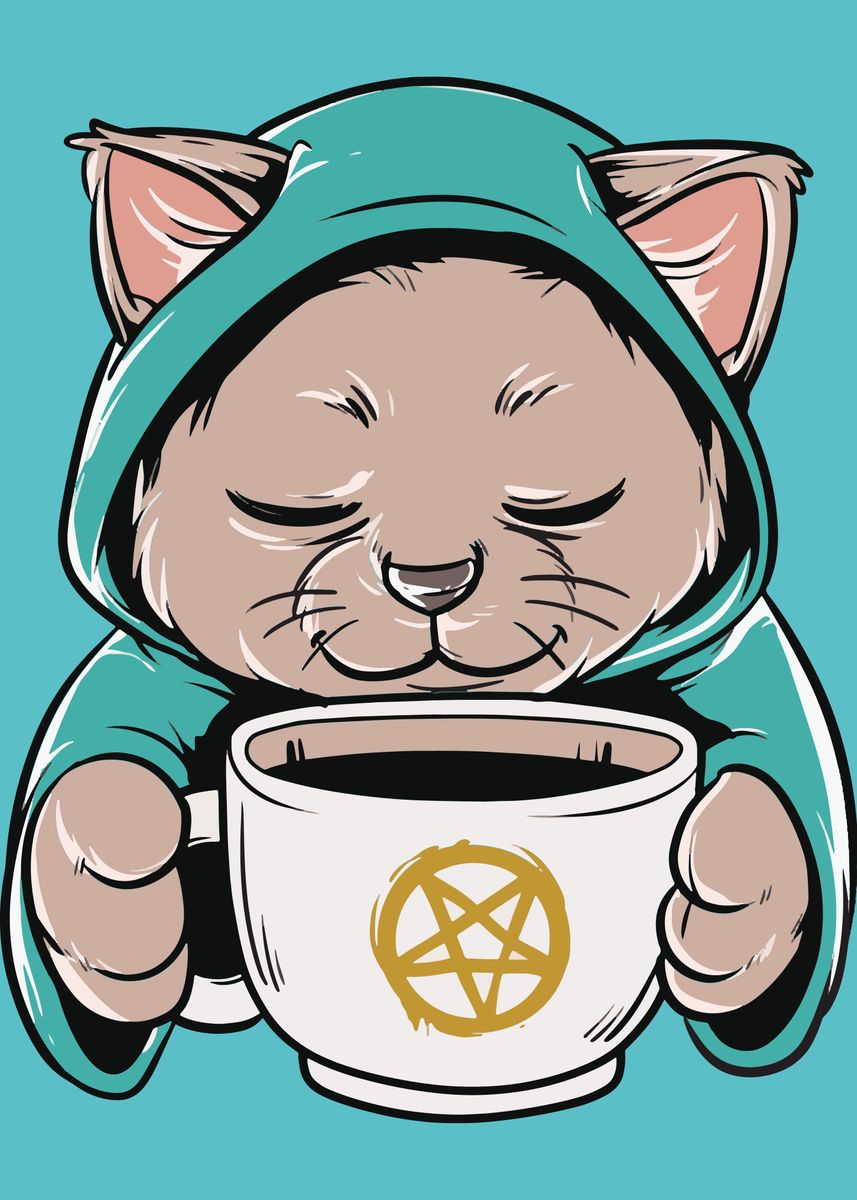 'Witch cat with coffee' Poster, picture, metal print, paint by ...